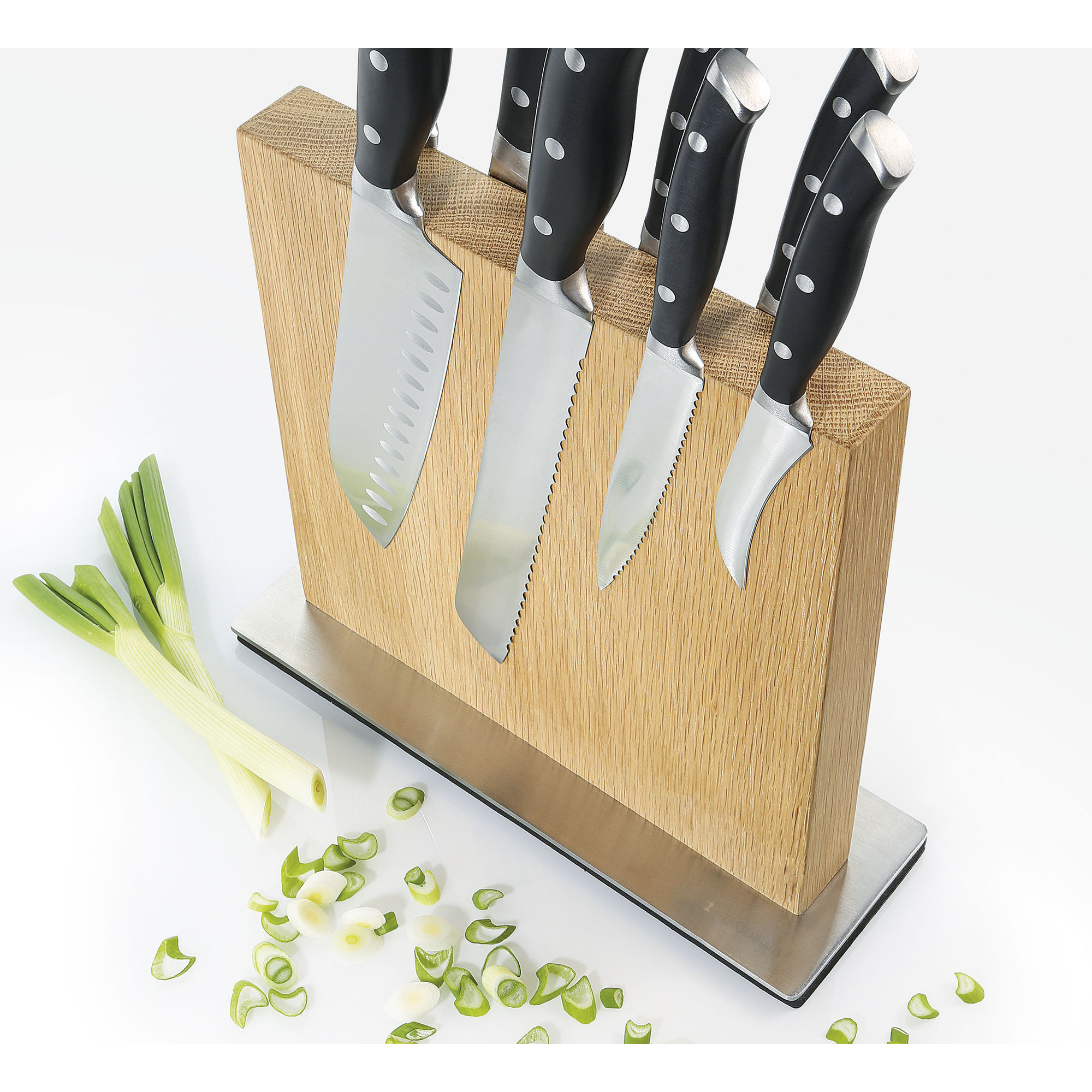 blok na noże magnetyczny, 10 noży, 28 x 9 x 25 cm, drewno dębowe – FreeForm